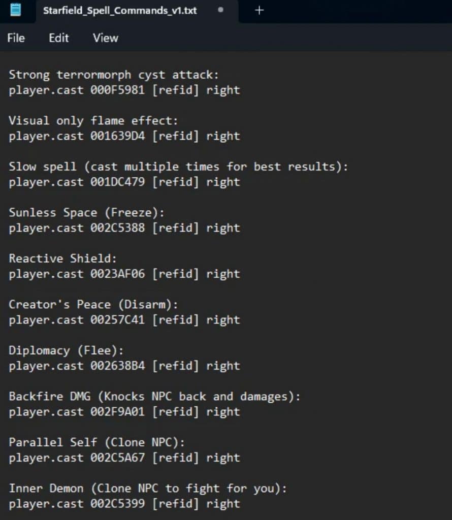 txt - Spell Commands for NPCs | Starfield Mod Download